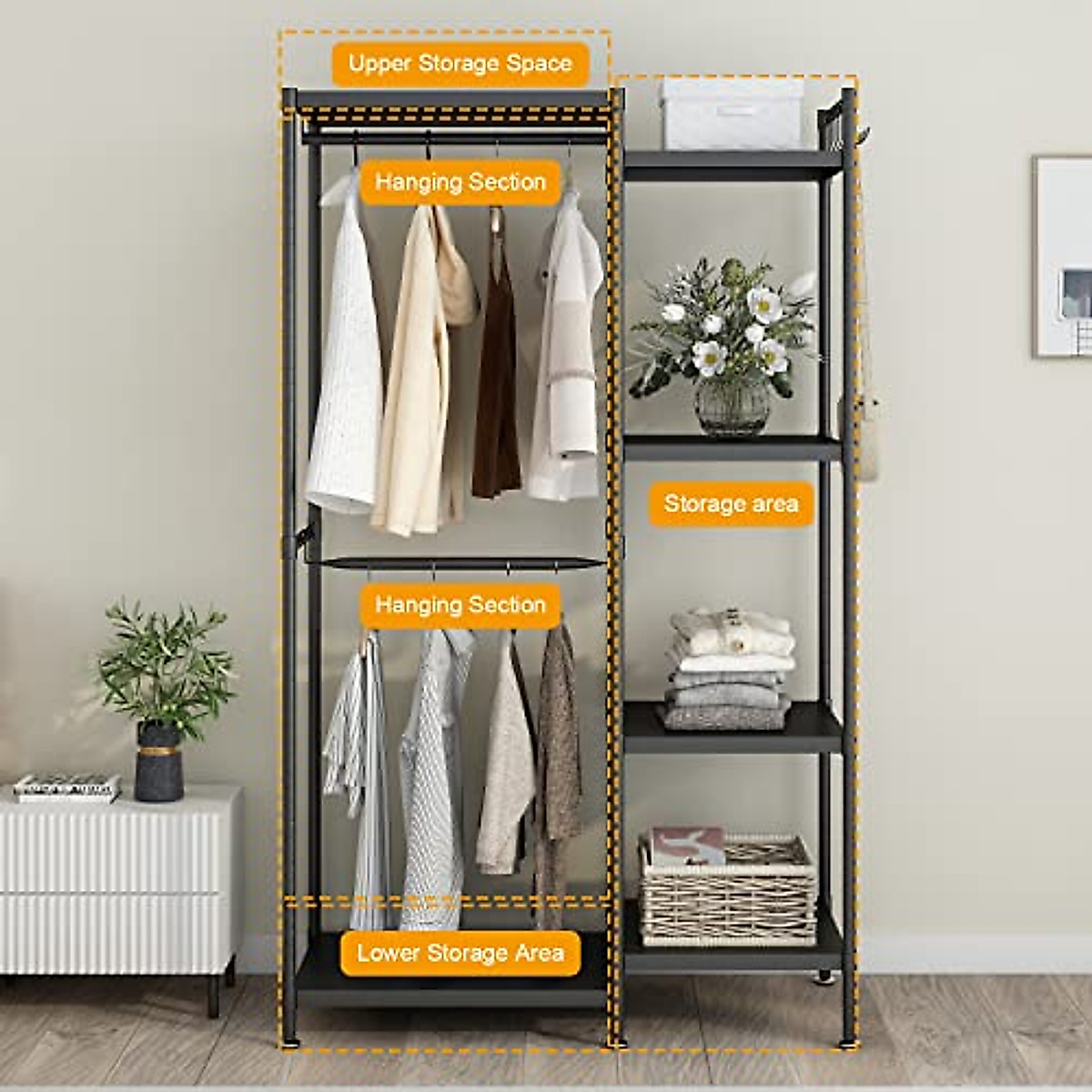 Isyunen Garment Rack, Heavy Duty Clothes Rack with Double Rods and 6 Storage Shelves and 1 Pairs Side Hooks for Hanging Clothes,Adjustable Metal Freestanding Closet Wardrobe Rack,Black (Black)