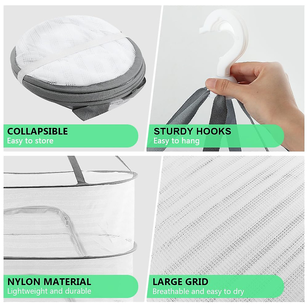 QKDS Herb Drying Rack 3 Layer Hanging Mesh Net, 2pcs/Set Herb Dryer Hanging Rack with Herb Stripper, Foldable Hanging Mesh Dryer for Buds, Fruits, Vegetables, Fish, Clothes, Doll(White)