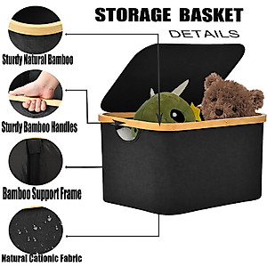 Fabric Storage Basket for Shelves, Black Storage Basket with Bamboo Handles, Collapsible Storage Bins, Rectangle Closet Baskets, Wardrobe Organiser, for Sorting Clothes, Family Items (with lid)