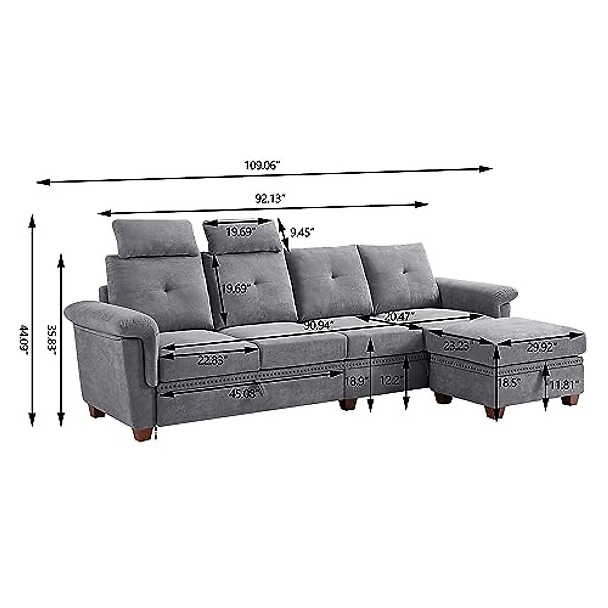 Pingliang Home Convertible Sectional Sofa with Storage, 4 Seat L Shaped Couch with Chaise and Cup Holder, Modern Microfiber Fabric Sofas Couches for Living Room, Apartment, Office (Light Grey)