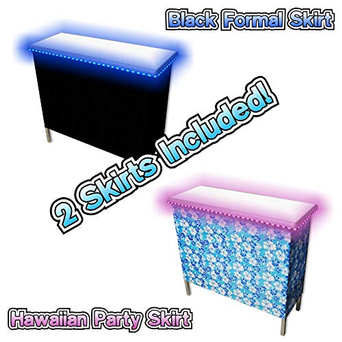 (USA Company) Patented Folding Portable Party Bar w/Multi-Color LED Lights, Black & Hawaiian Bar Skirts, and Storage Shelf