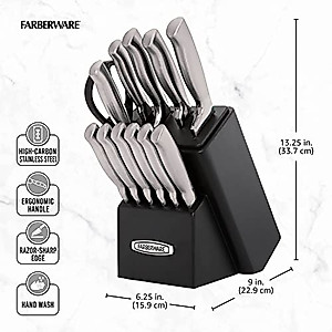 Farberware Self-Sharpening 13-Piece Knife Block Set with EdgeKeeper Technology, High Carbon-Stainless Steel Kitchen Knives, Razor-Sharp Knife Set with Wood Block, Black