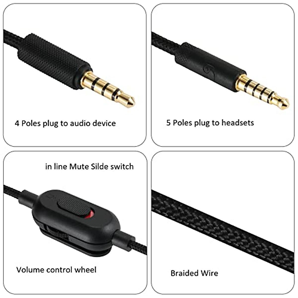 EARLA TEC Replacement Audio Cable for G433 Headphones,Aux Cord Braided Wire with Volume Control &Mic Mute Compatible with Logitech G Pro X G Pro G233 Gaming Headsets (Black)