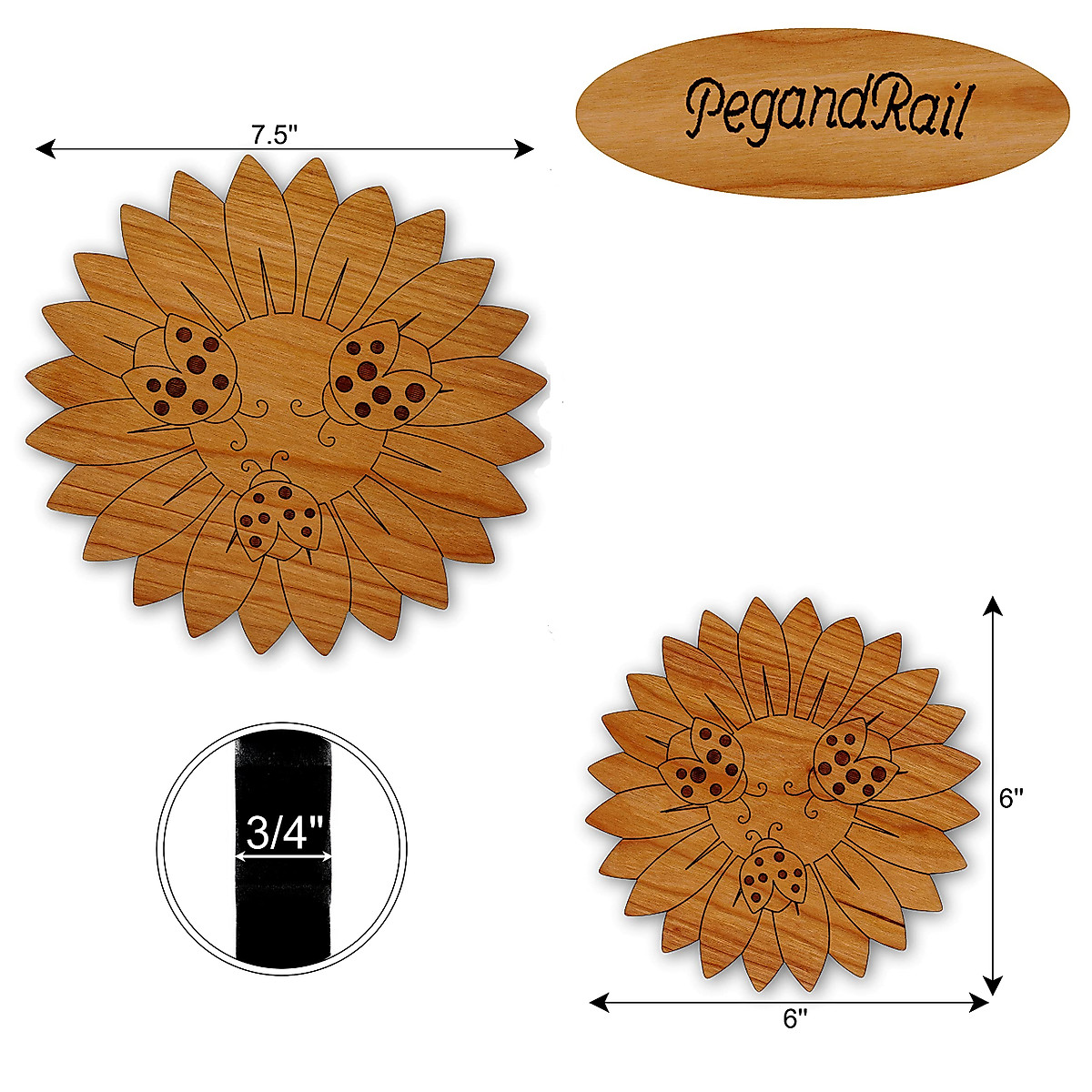 Ladybugs on a Sunflower Trivet - Hand Crafted in The USA From Solid Cherry Hardwood (6" Diameter Ladybug Trivet)