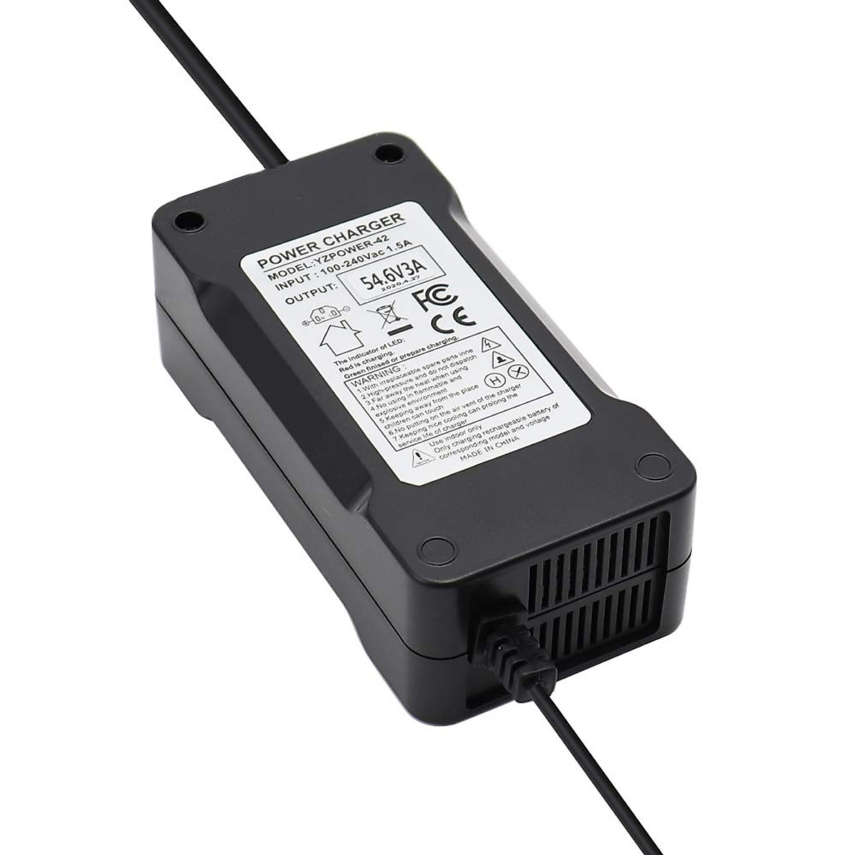 54.6V 3A AC/DC Power Adapter Supply Charger for 48V 13S Lithium Li-ion Battery Pack with 5.5x2.5mm DC Plug and 5.5x2.1mm Adapter