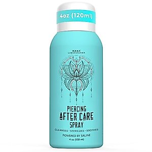 BASE LABORATORIES Piercing Aftercare Spray 4oz | Saline Spray for Piercings | Ear Piercing Cleaner Spray | Saline Solution for Piercings | Piercing & Keloid Bump Removal for Ears, Belly Nose Piercings
