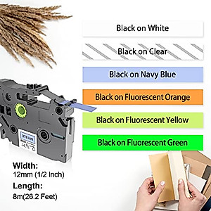6 Pack Label Tape Compatible with P-Touch Label Tape 12mm 0.47 inch TZe Tape White/Clear/Navy Blue/Fluorescent Yellow/Orange/Green Replacement for Brother P Touch Label Maker T-D210 PT-H110 D600