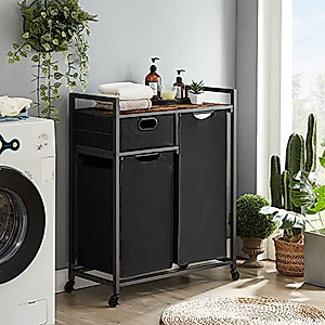 Taiweny Laundry Sorter Rolling Cart, Laundry Hamper with Heavy Duty Wheels, Laundry Basket Organizer with 2 Removable Bags, Drawer & Shelf for Laundry room, Bathroom (Black-Brown)