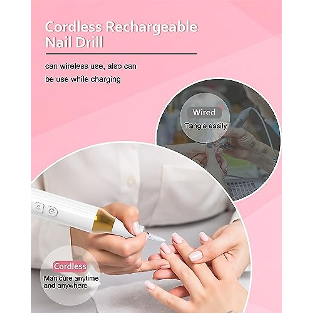 Nail Drill, Cordless Electric Nail Files for Gel Nails Efile Manicure Kit for Women Rechargeable Wireless Drill para Uñas Profesional Nail Drill Machine Nail Grinder for Acrylic Gel Nails White