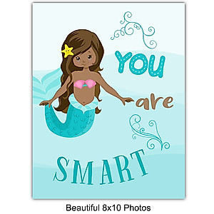 African American Girl Wall Decor - Black Art Poster Set 8x10 - Cute Mermaid Wall Decor - Toddler, Little Girls Bedroom Decor - Afro-American Gifts - Light Blue Room Decor Baby Girl Room Decorations