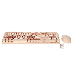 ASHATA Keyboard Mouse Combo, 2.4 GHz Cute Retro Round Keycaps Keyboard and 5 Buttons Mouse with USB Receiver, for Windows Laptop Computer Desktop PC (Milk Tea,