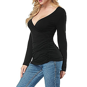 ALLEGRACE Womens Sexy Long Sleeve Tops Casual Fall Ruched V Neck Wrap Shirts Black L