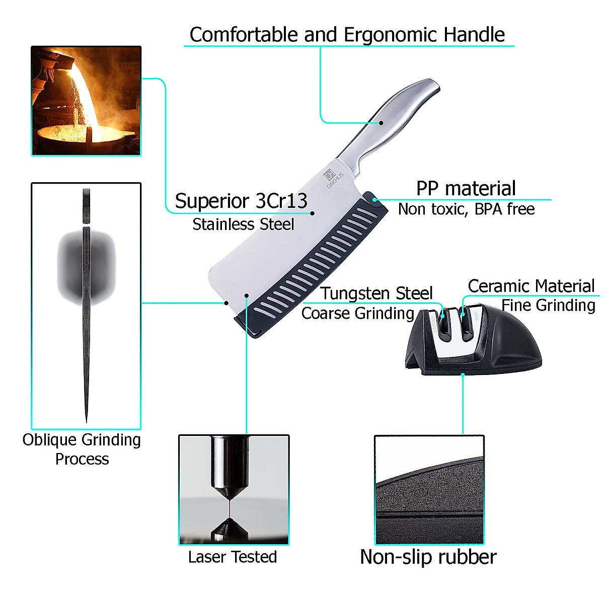 Dakhus Meat Cleaver | Kitchen Knife for Cutting, Stainless Steel Chopping, Slicing, Dicing Comfortable Handle Sharp Butcher Knife + Sheath + Sharpener, 3x12 inches Cleaver Knife