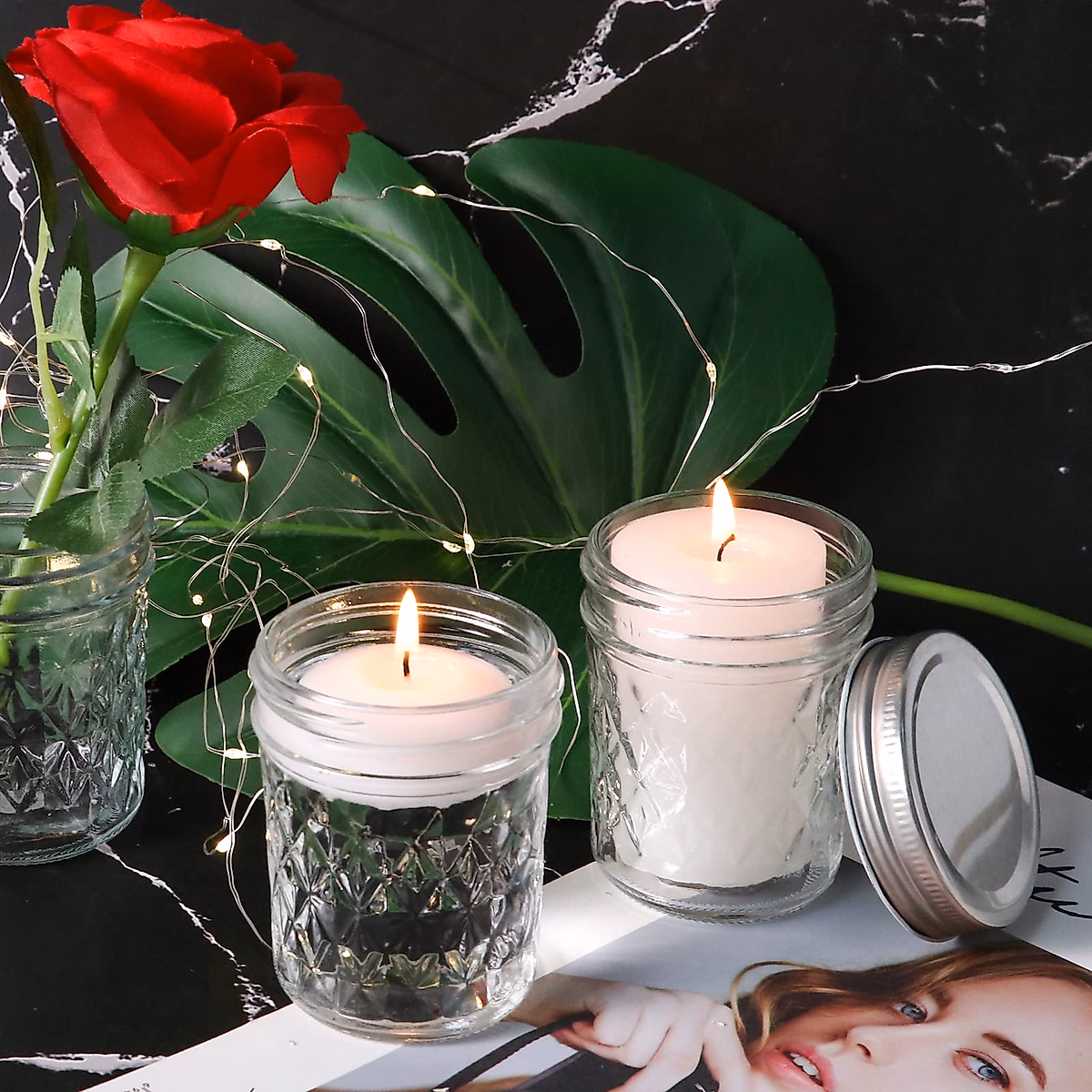 Small Mason Jars 6 oz with Airtight Silver Lids,12 Pack 200ml Glass Diamond Canning Jar,Wide Mouth Jam Jars for Jelly,Salad,Preserving,Fermenting,Wedding Favors(Labels and Chalk Marker Included)