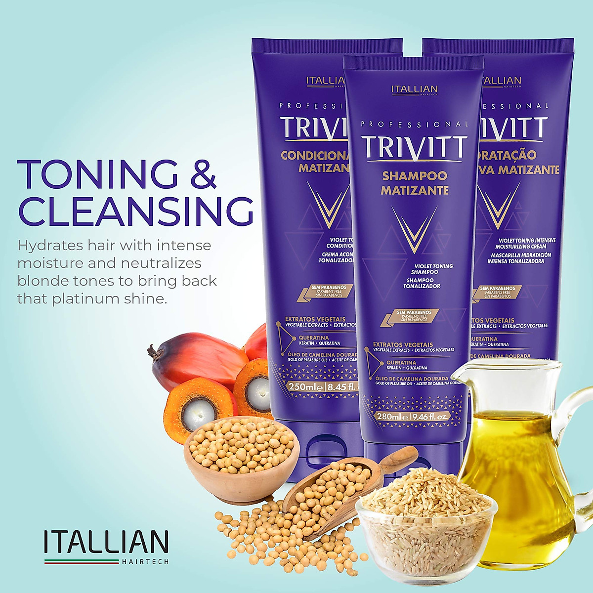 3 Piece Violet Toning Kit for Blonde Hair - Shampoo 280ml, Conditioner Cream 250ml, Intensive Moisturizing Cream 250ml for Advanced Hydration and Repair - Professional Trivitt by Itallian Hairtech
