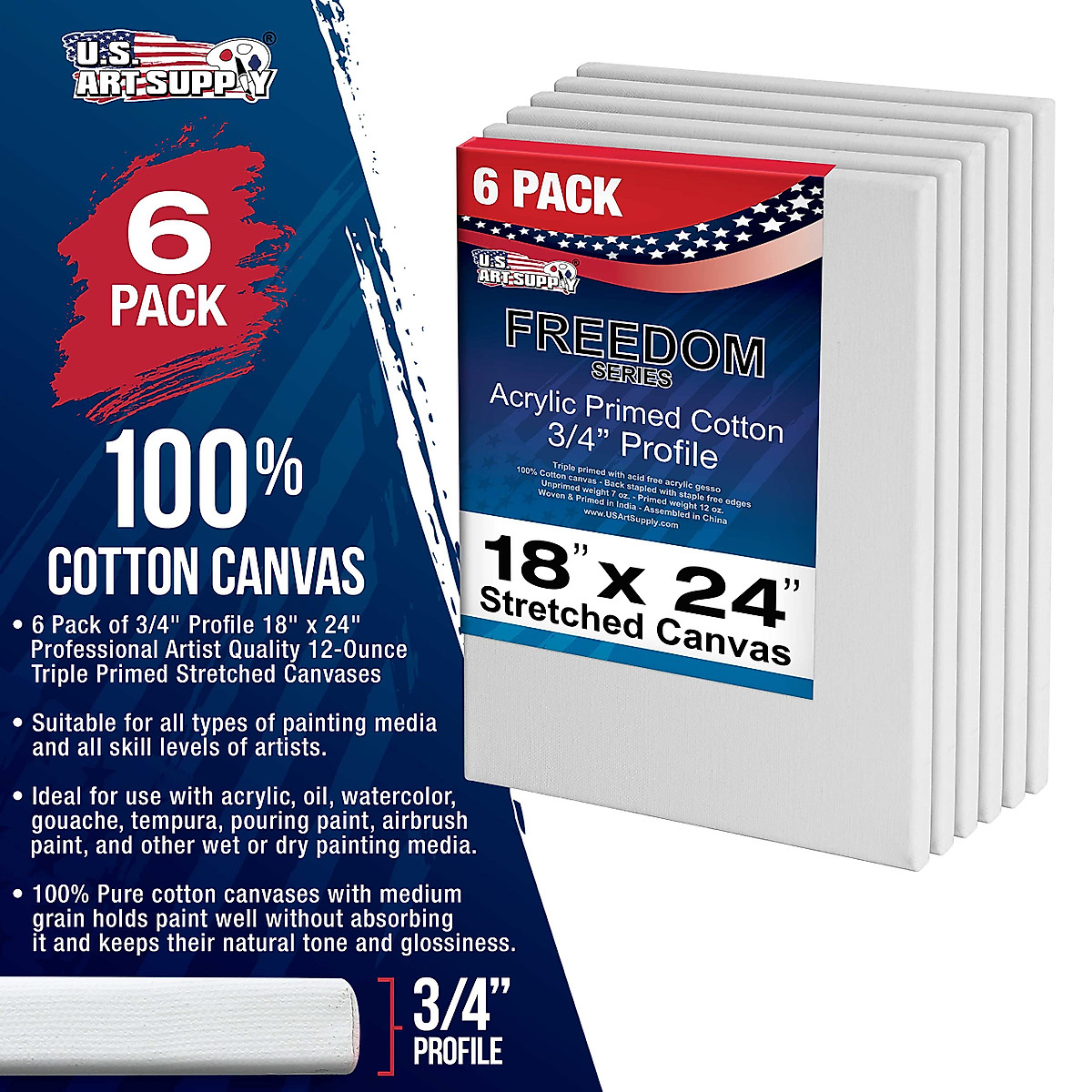 U.S. Art Supply 18 x 24 inch Stretched Canvas 12-Ounce Primed 6-Pack - Professional White Blank 3/4" Profile Heavy-Weight Gesso Acid Free Bulk Pack - Painting, Acrylic Pouring, Oil Paint
