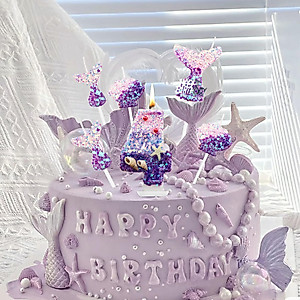 QEEYON 6Pcs Birthday Candles 2.5 inch Mermaid Theme Birthday Cake Candles 1Pcs Number 4 Candle 3Pcs Mermaid Tail Candles 2Pcs Shell Candles for Mermaid Party Birthday Cake Topper Decor