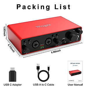 Wrugste Audio Interface for Recording Podcasting and Streaming Ultra-low Latency Plug&Play Noise-Free XLR Audio Interface(24Bit/192kHz)+48V Phantom Power for PC