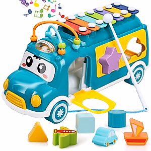 TOY Life Baby Toys 12-18 Months Baby Xylophone Toys Kids Xylophone Baby Toys 6 to 12 18 Months Toys Musical Instruments with Shape Sorter & Building Blocks Shape Sorting Bus Baby Learning Bus