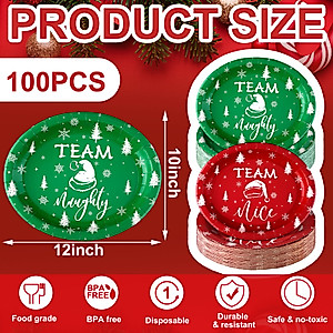 100 Pcs Christmas Paper Plates Christmas Party Decorations Team Naughty or Nice Disposable Oval Plates 10'' x 12'' Dinner Plates Christmas Gifts Bulk Disposable Plates Set for Christmas Holiday Party