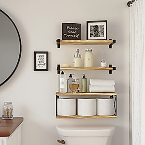 WOPITUES Floating Shelves Wall Mounted, Wood Bathroom Shelves with Extra Storage Shelf, Rustic Wall Shelves for Bathroom, Bedroom, Kitchen, Living Room, Plants - Light Brown