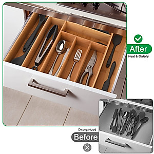 Hombury Bamboo Expandable Kitchen Drawer Organizer, Adjustable Silverware Organizer, Cutlery Tray, Utensil Organizer for kitchen Drawers with Knife Holder, 8 Compartment Drawer Organizer Kitchen