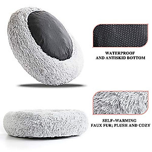 SunStyle Home Soft Plush Round Pet Bed for Cats Or Small Dogs Cat Bed Self Warming Autumn Winter Indoor Sleeping Cozy Pet Bed for Small Dogs and Cats Donut Anti Slip Bottom (M(24"x24"), Gray)