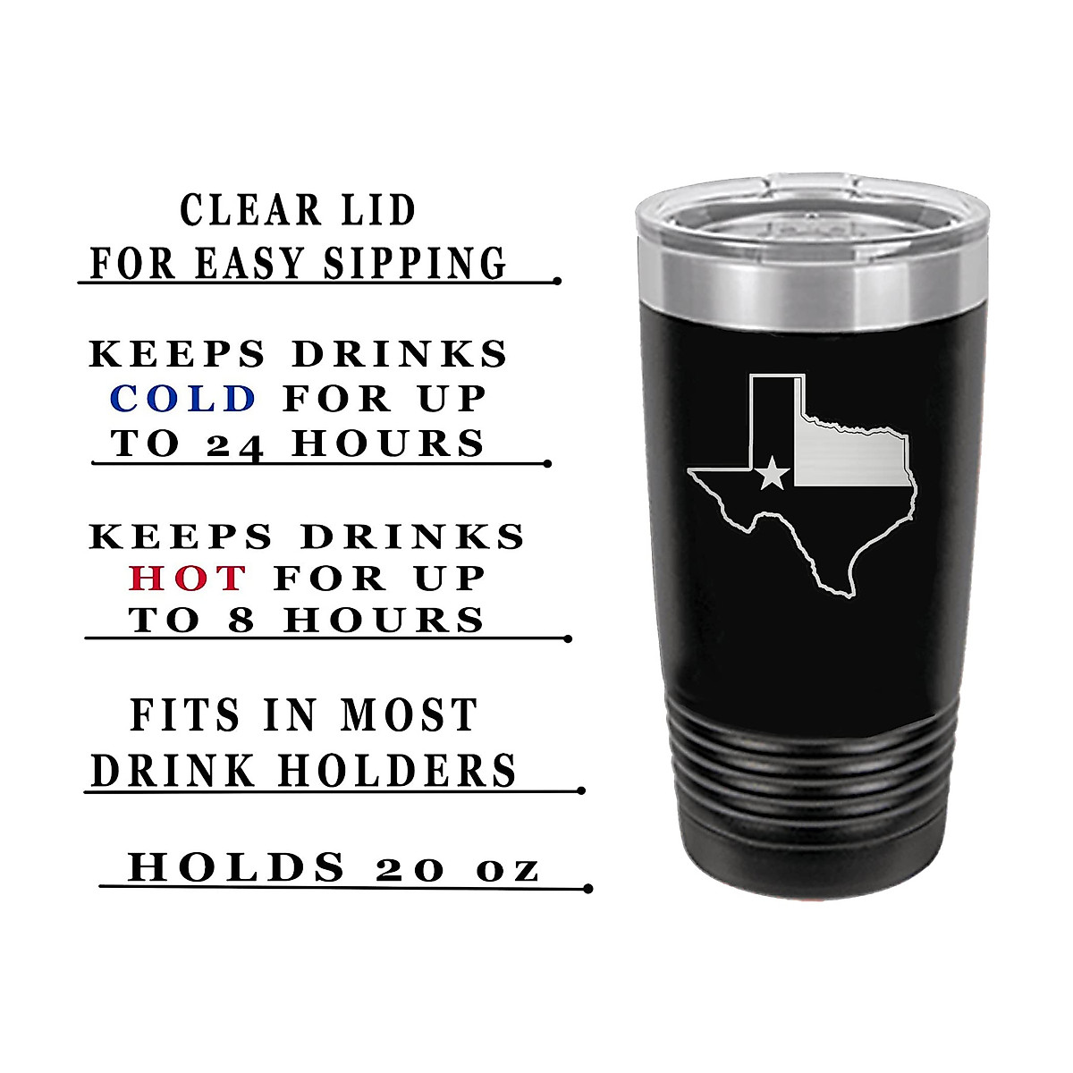 Rogue River Tactical Funny Texas Flag 20 Oz. Stainless Steel Travel Tumbler Mug Cup w/Lid Vacuum Insulated Hot or Cold (Black)