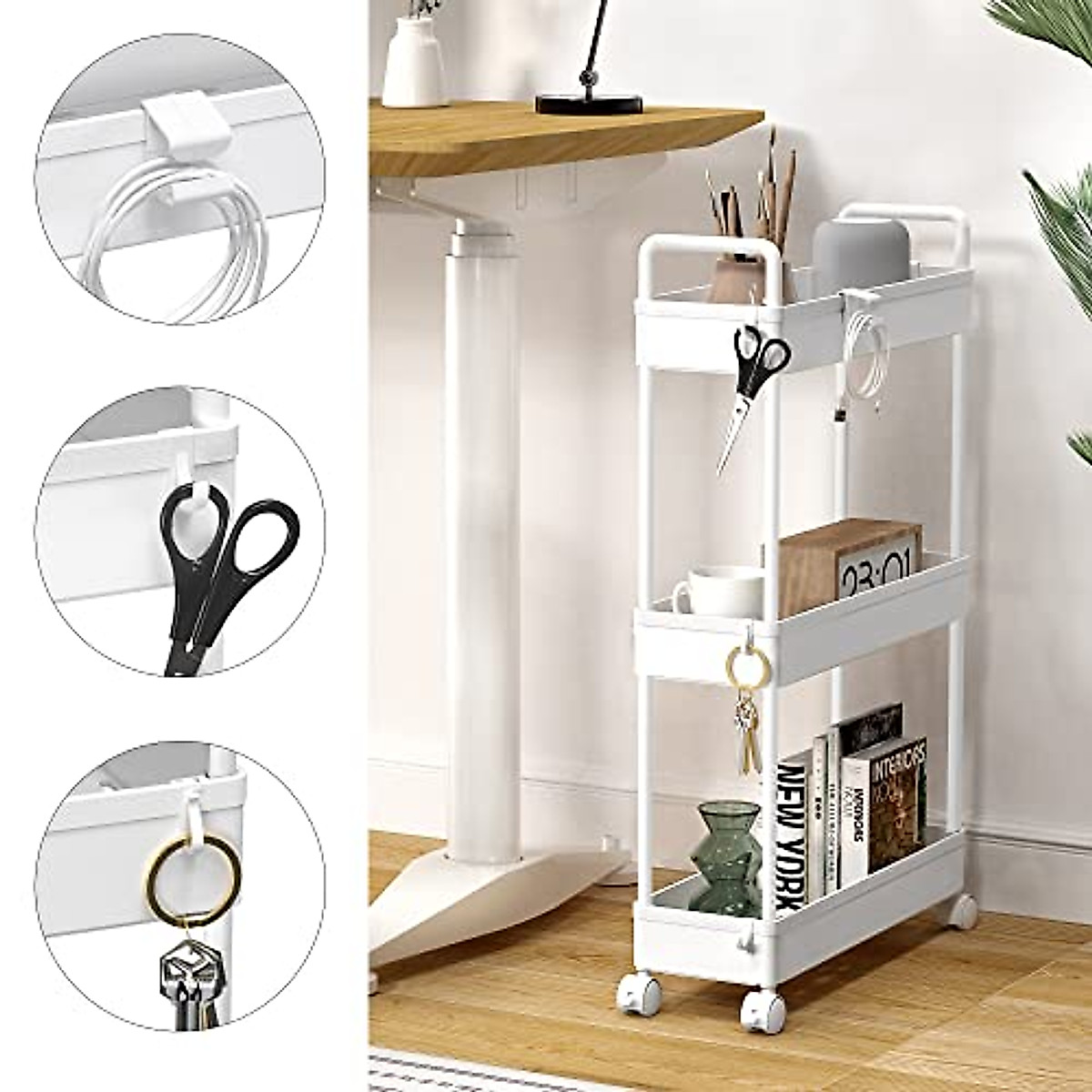 SOLEJAZZ Slim Storage Cart, 3 Tier Bathroom Cart Organizer Mobile Shelving Unit Rolling Utility Cart, Slide Out Organizer for Kitchen, Bathroom, Laundry, Narrow Places, White