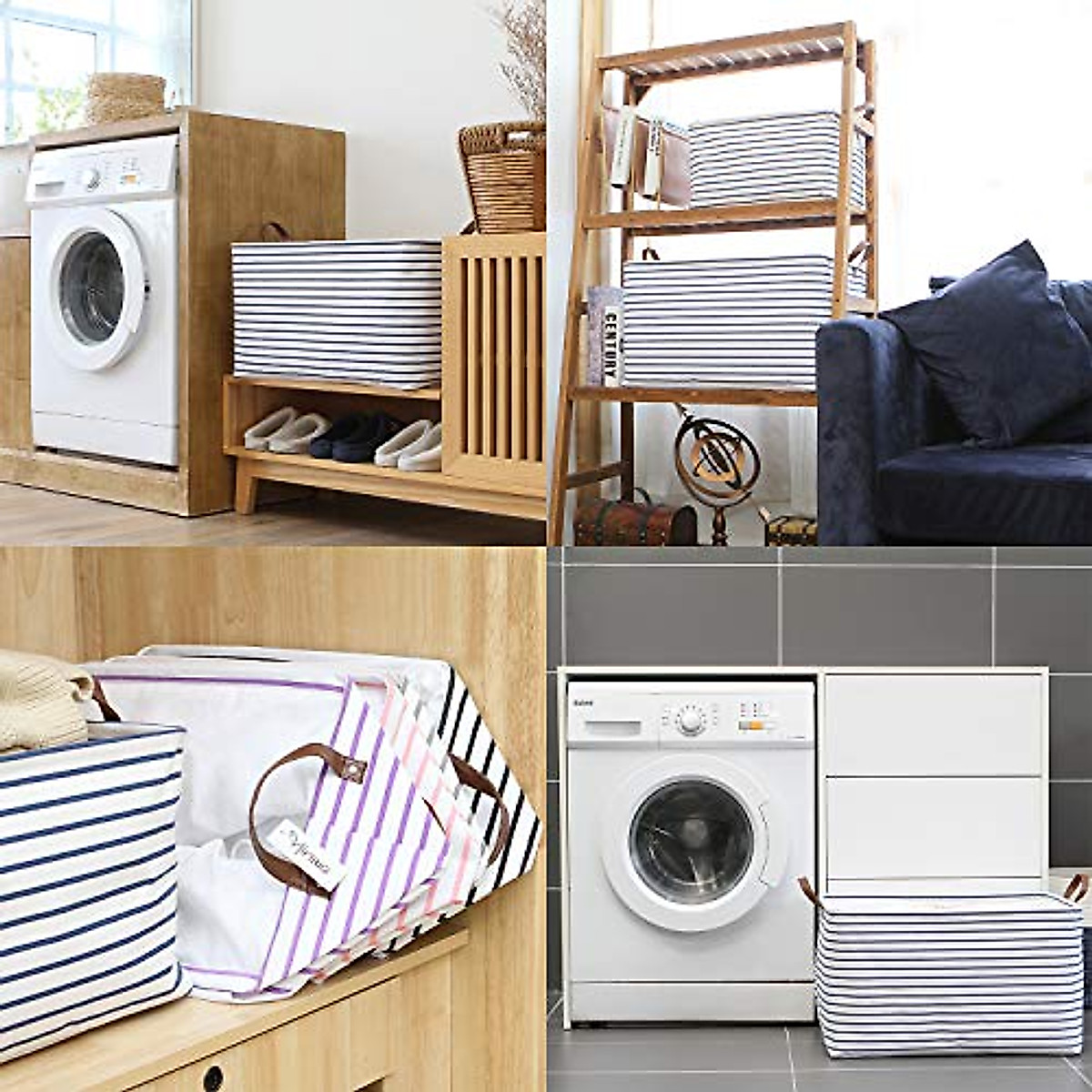 Hinwo 4-Pack 70L Extra Large Canvas Fabric Storage Bins with 77L Laundry Hamper, Navy Stripe