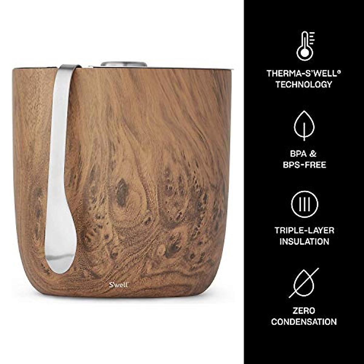S'well Stainless Steel Ice Bucket with Tongs - Holds 68oz of Ice - Teakwood - Triple-Layered Vacuum-Insulated Container Designed to Keep Ice Colder, Longer - BPA-Free Designer Barware Accessories
