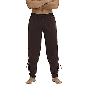 Men's Ankle Banded Cuff Renaissance Pants Medieval Viking Navigator Trousers Pirate Cosplay Costume with Drawstrings Brown-M
