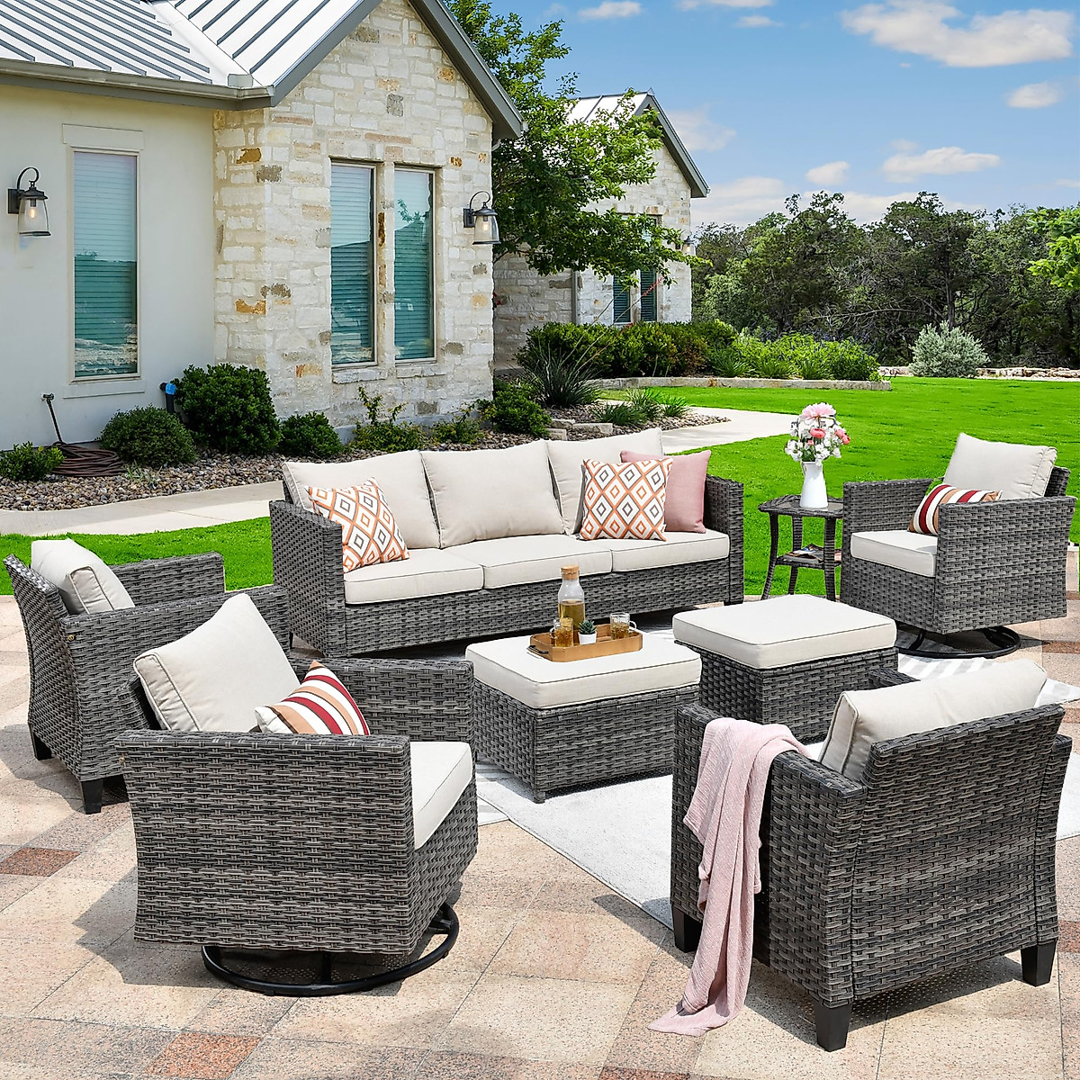 HOOOWOOO Wicker Patio Conversation Sets,8 Piece Outdoor Furniture Set with Swivel Rocking Chairs,All Weather Resistant Modern Outside Out Door Rattan Couch Chairs Side Table Set,Beige