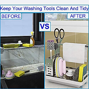 BeBeHome Sink Caddy Organizer, Sponge Holder for Sink Soap Brush Dispenser Holder with Rag Rack Suction Cup Dishcloth Holder with Drain Pan Stainless Steel Silver 9.5X4.5X8.9 in