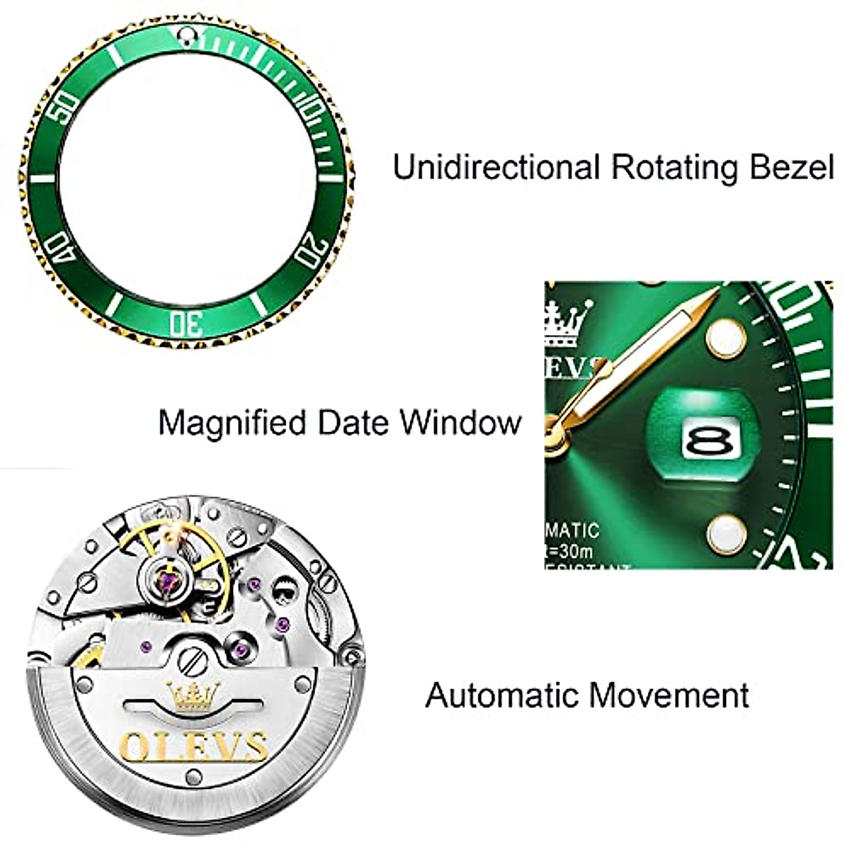 OLEVS Self Winding Watches for Men Green Big Dial Pro Diver Automatic Watch Stainless Steel Waterproof Men Wrist Watch with Silver Gold Tone Watch Men