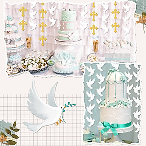 Wonderjune 12 Pcs First Holy Communion Baptism Decoration Gold and White Dove Cross Garland Banner for Wedding Bridal Baby Shower Engagement Religious Christian