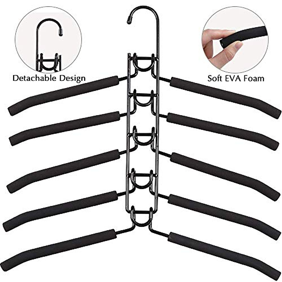 CESHUMD Space Saving Hangers for Clothes Detachable 5 Layers Stainless Steel Non-Slip Foam Padded Velvet Skirt Hangers Metal Closet Storage Organizer for Suits Pants Shirts Jeans 5-Tier Black