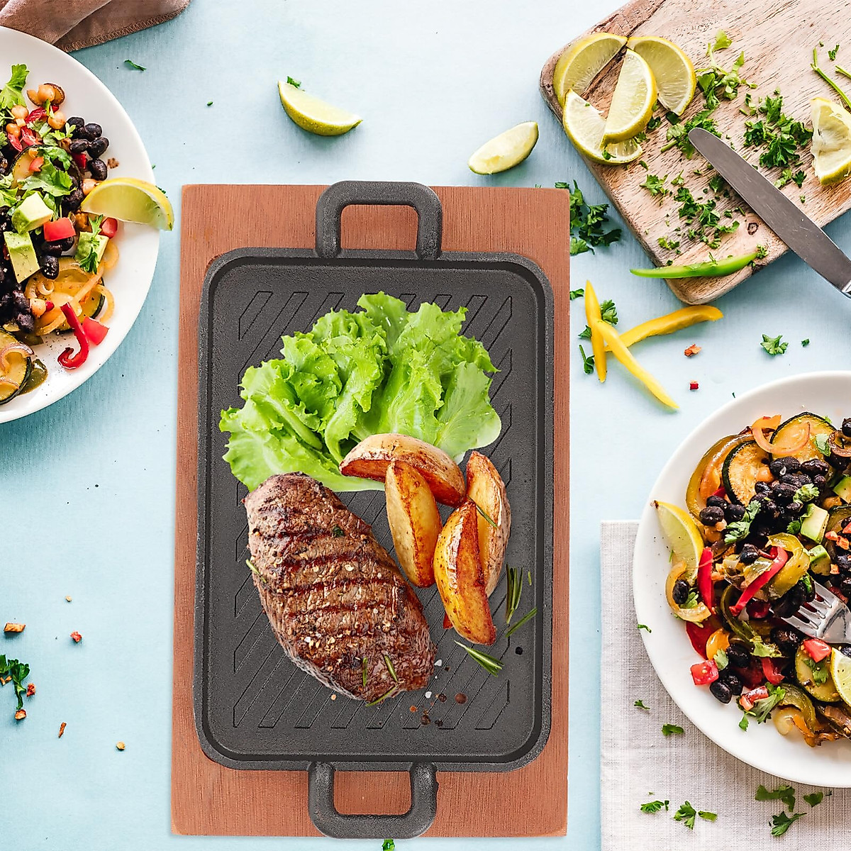 Yardwe Cast Iron Steak Plate, Sizzle Plate with Wooden Base, Steak Pan Grill Fajita Server Plate for Home Kitchen Restaurant (7.5" x 12.5")