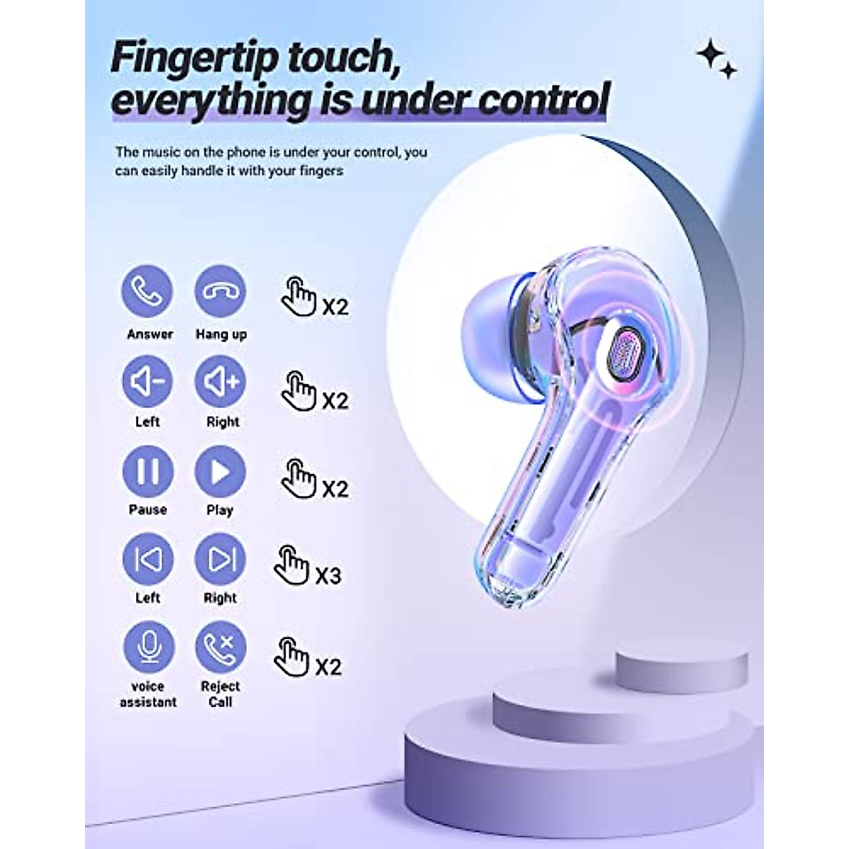 ACEFAST T8 Wireless Earphones Bluetooth 5.3 Headphones LED Power Display Mini Crystal in-Ear Earbuds with Wireless Charging Case Touch Control Built-in Mic Headphone for Sports Waterproof Earphone