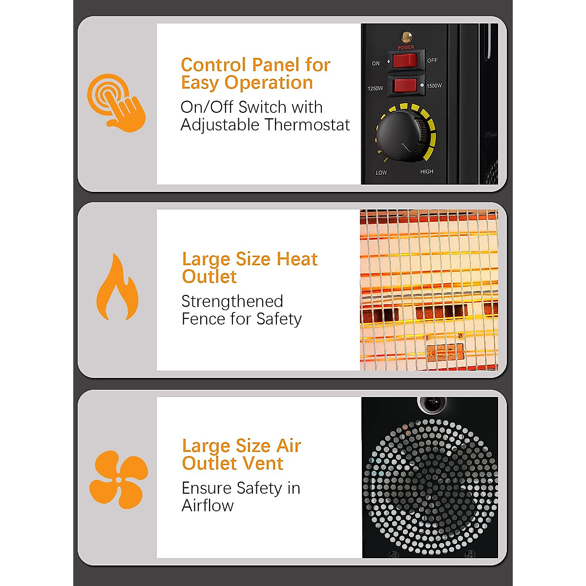 JASUN Portable Space Heater Electric Radiant Heater Fast Heating with Adjustable Thermostat, Portable Indoor Heater with Handle Quiet Energy-Saving 1250W/1500W for Office Home Garage Bedroom Black