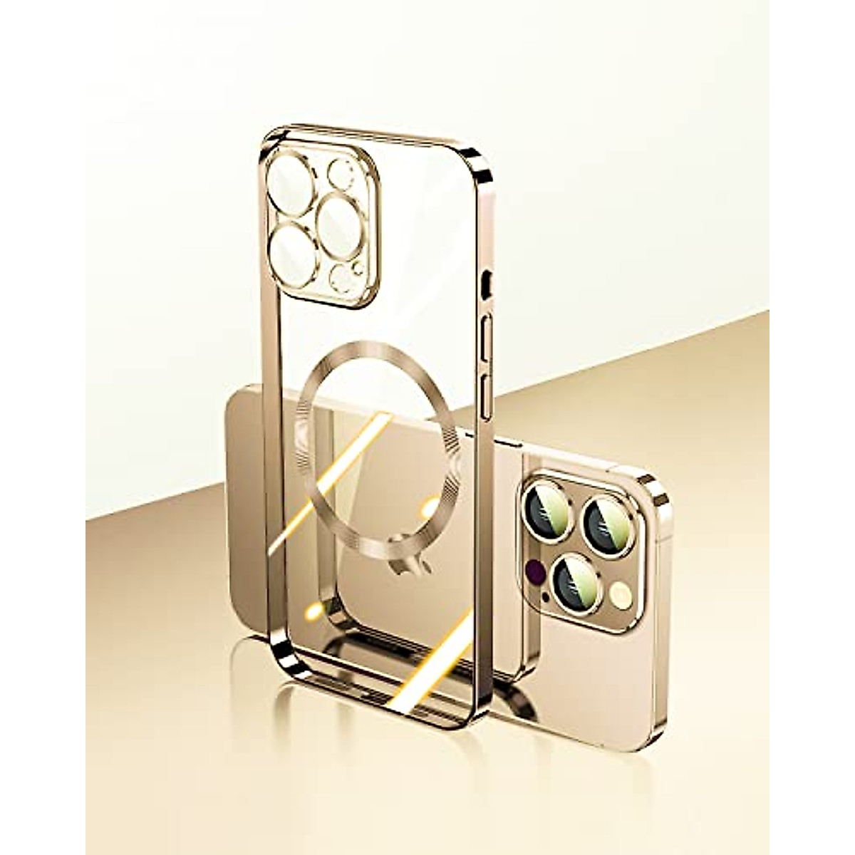 Uxinuo Magnetic Matallic Glossy Clear for iPhone 14 Pro Max Phone Case with Full Camera Cover Protection [N52 Magnets] [Military Grade Drop Protection] for Women Girls Phone Case (6.7") Golden