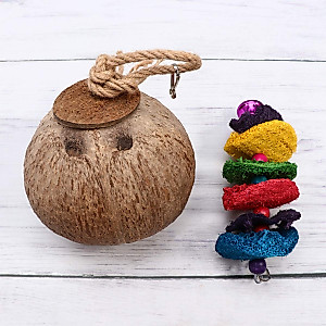 ULTECHNOVO 2pcs Coconut Shell Bird Nest Parakeet Toys for Cage Summer Toys Coconut Bird Toy Bird Toys Hanging Birds with Bells Parrot Shredder Toys Pet The Bird The Bell Wooden