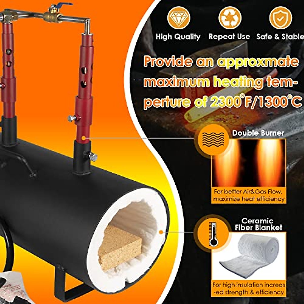 Yoursme Propane Gas Forge, Double Burner Blacksmithing Forge Large Capacity Forge, Oval Propane Burner Forge with 16.85¡®¡¯ V-Bit Tongs & Leather Welding Gloves for Farrier, Knife and Tool Making