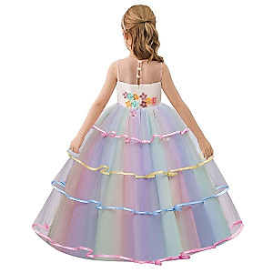 WOCINL Girls Princess Dress Unicorn Outfits Sleeveless Rainbow Party Birthday Wedding Christmas Halloween Carnival Costume Multicolored 4-5T
