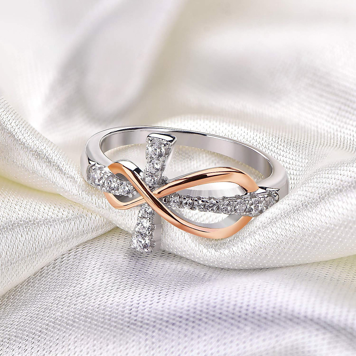 JO WISDOM 925 Sterling Silver Cubic Zirconia Cross Infinity Ring,Rose Gold Women's Infinity Wedding Engagement Statement Rings