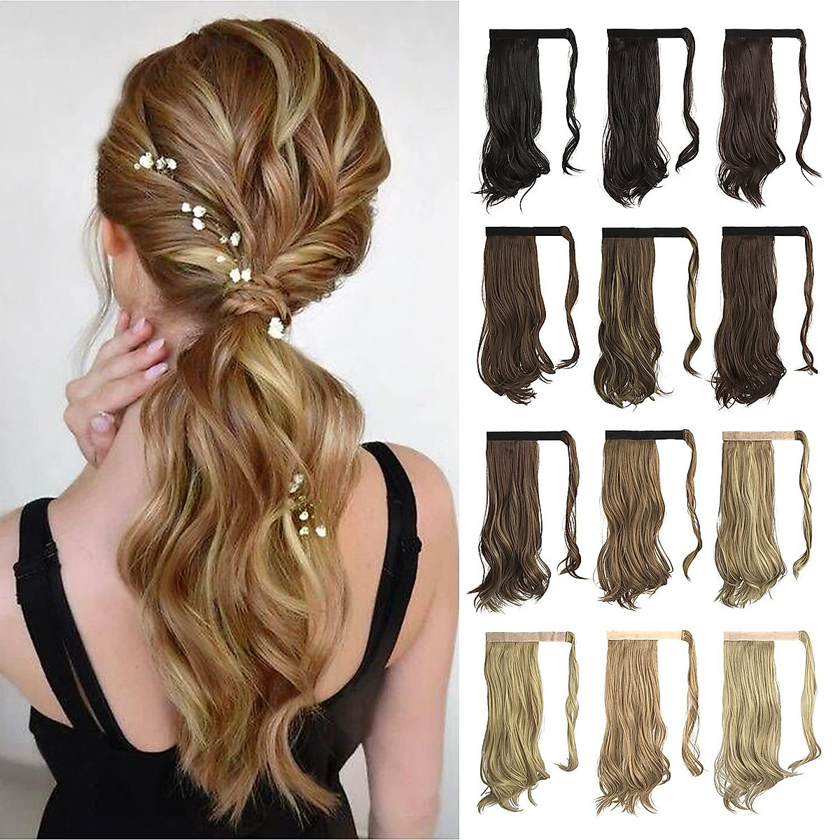 SOFEIYAN Curly Ponytail Extension 15 Inch Heat Resistant Synthetic Natural Wavy Hairpiece Wrap Around Pony Tail Hair Extensions for White Black Women Hair Piece, Brown & Blonde