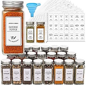 AOZITA 36 Pcs Glass Spice Jars with White Printed Spice Labels - 4oz Empty Square Spice Bottles - Shaker Lids and Airtight Metal Caps - Silicone Collapsible Funnel