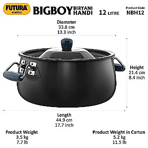 Hawkins Futura 12 Litre BigBoy Biryani Handi, Non Stick Pot with Glass Lid, Sauce Pan for Cooking and Serving Biriyani, Black (NBH12)