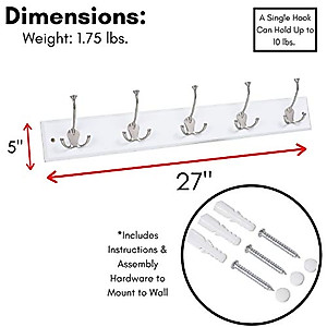 BIRDROCK HOME Tri Hook Coat Rack - 5 Hooks - Wall Mount Hat Rack - White Finish - Satin Nickel Hooks
