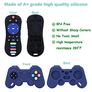 PlamPlam Baby Teether Toys - TV Remote Control and Gamepad Shape Silicone Toddler Teething Pacifiers Girl Boy Teethers for Babies 3 6 12 Months (Black+Blue)